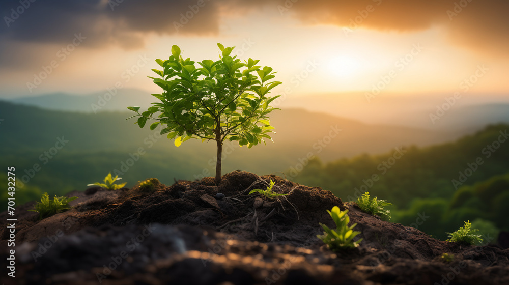 small tree growing with sunshine in garden. eco concept, Young plant in ...