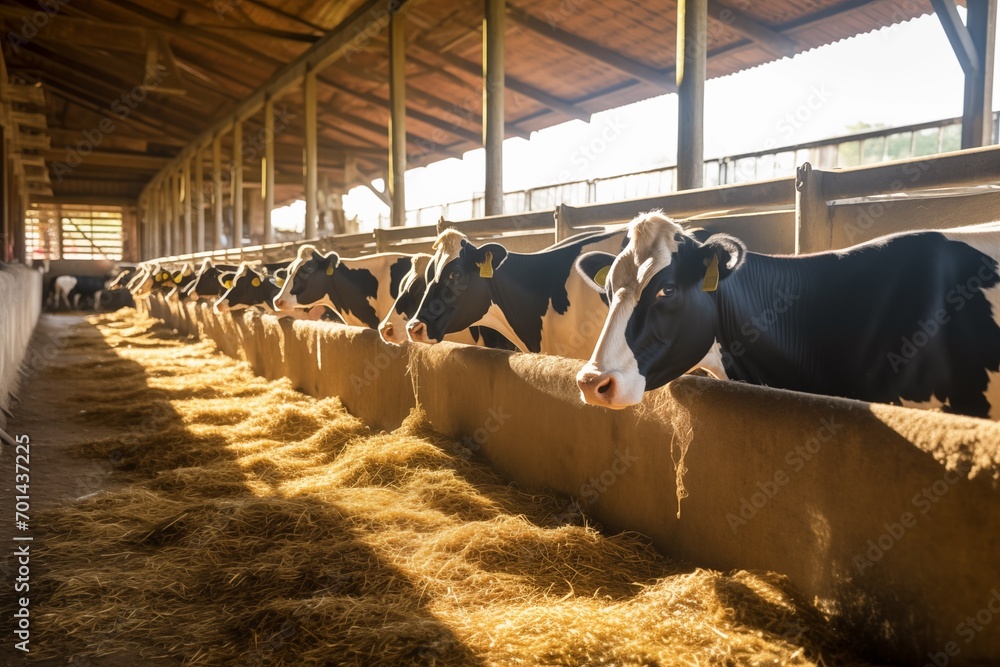 Group of cows at cowshed eating hay or fodder on dairy farm. Herd of healthy dairy cows feeding ...