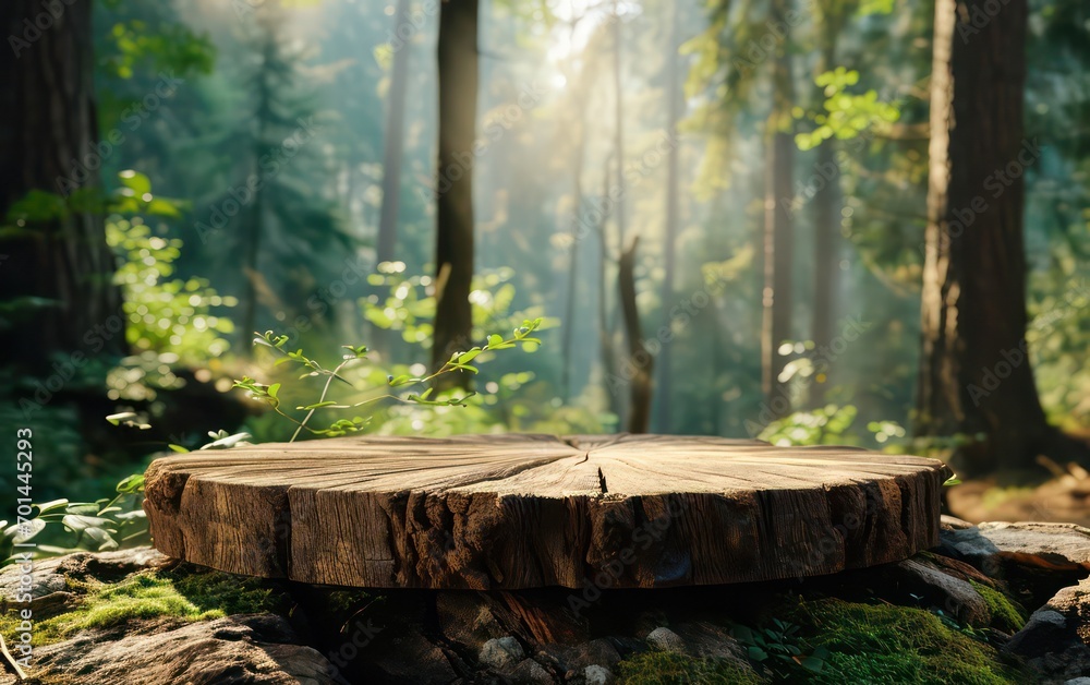 Visualize a natural wood podium board platform positioned in the heart ...