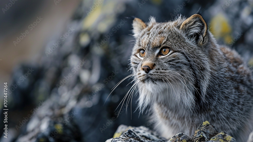 Manul cat in the wild, illustration, beautiful natural nature. Portrait ...