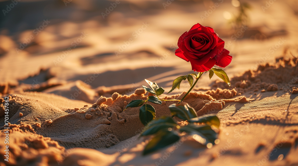 red rose in the middle of the desert. concept of survivability ...