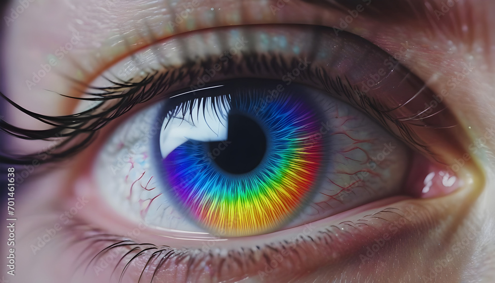 Human multicolored iris of the eye animation concept. Rainbow lines ...