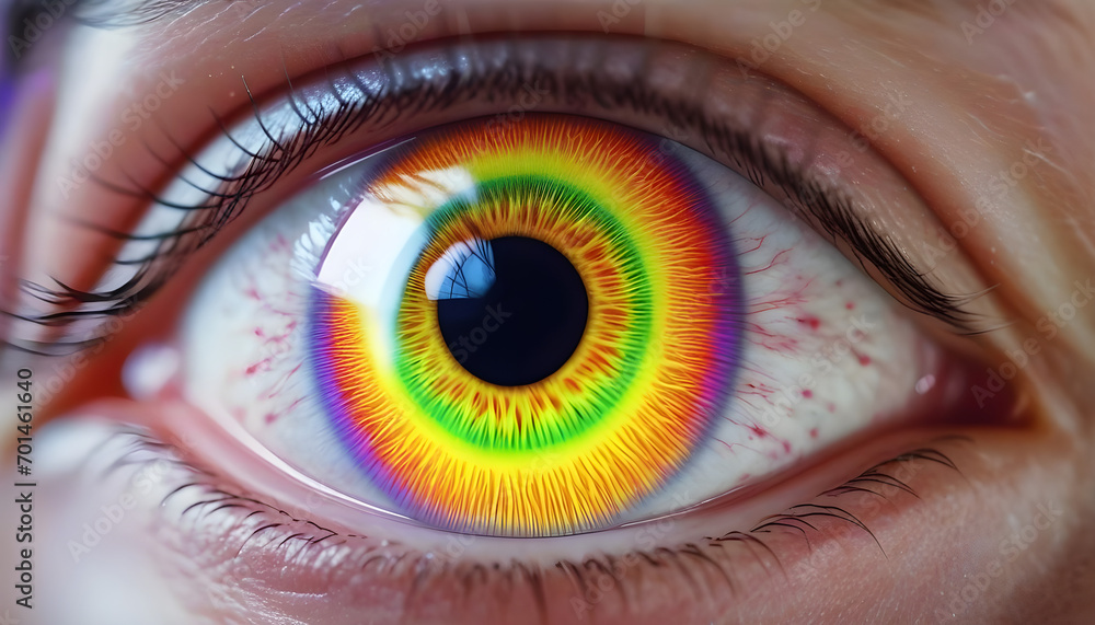 Human multicolored iris of the eye animation concept. Rainbow lines ...