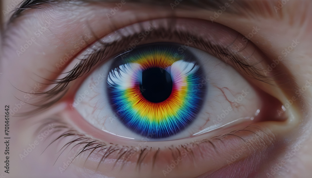 Human multicolored iris of the eye animation concept. Rainbow lines ...