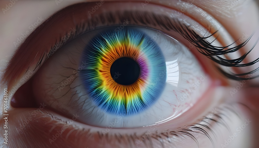 Human multicolored iris of the eye animation concept. Rainbow lines ...