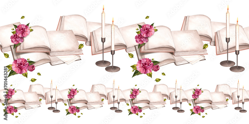 Horizontal border of books, flowers and candles. Seamless pattern of ...