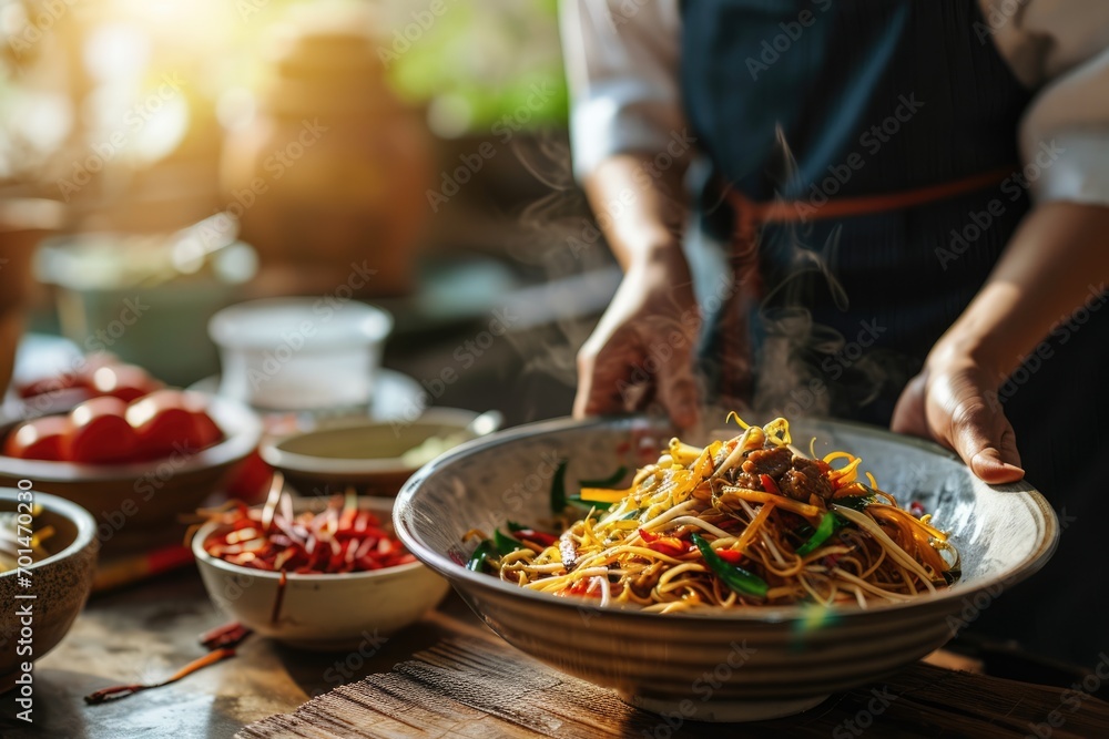 Gastronomic Journey: Chef Holding a Plate of Chinese Delicious Chow ...