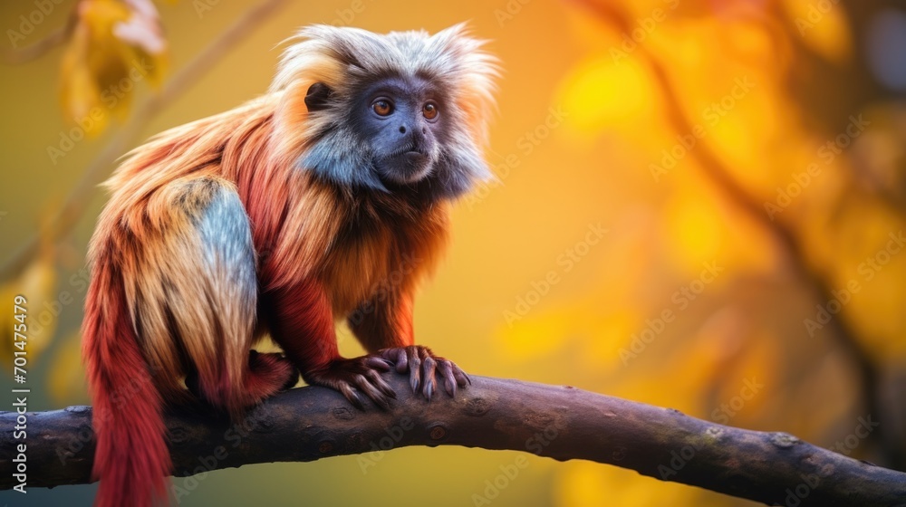 A tamarin monkey with vibrant colors on a jungle branch, emphasizing ...