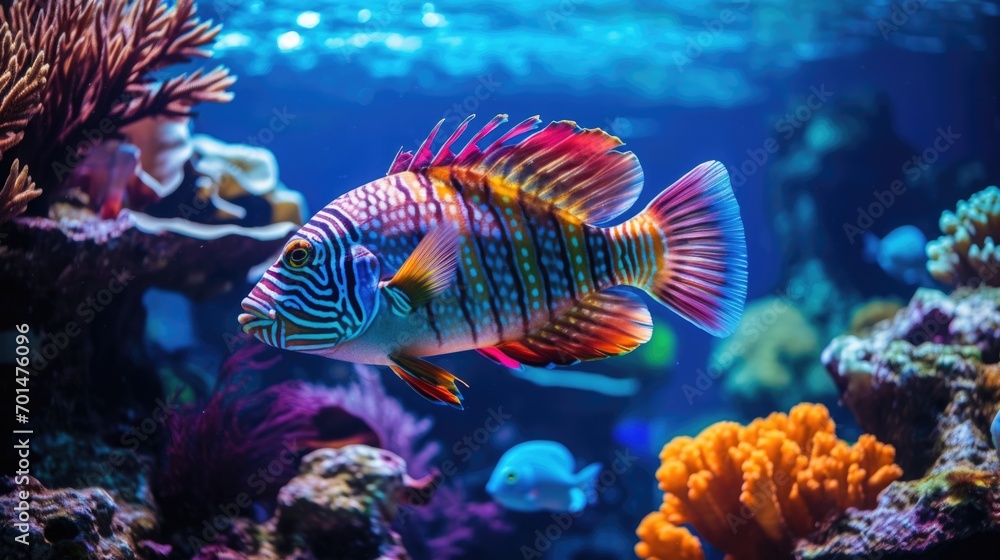 A tropical fish with shiny scales in a coral reef, highlighting the ...