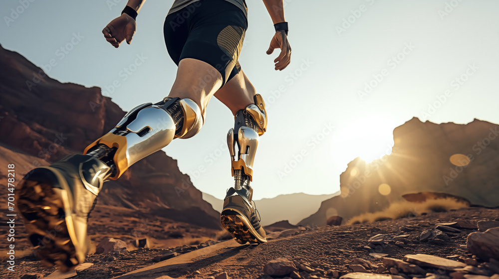 Inspiring low-angle shot of athlete with prosthetic legs running in ...