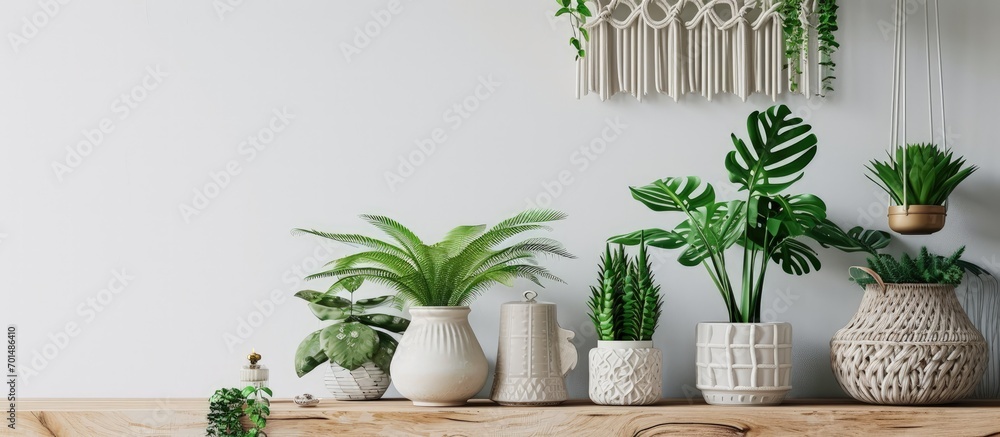 Stylish and minimalistic boho interior with crafted and handmade ...