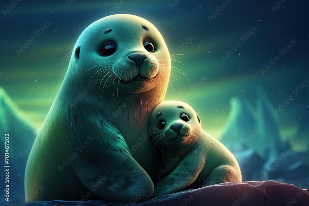 3d cartoon of cute mother seal and baby seal hugging and looking at the ...