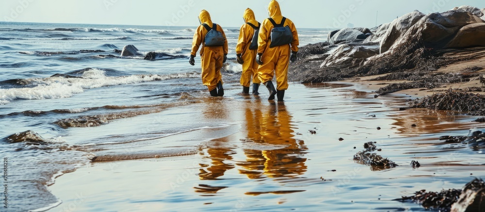 Professional team and volunteer wearomg PPE clean up dirty of oil spill ...