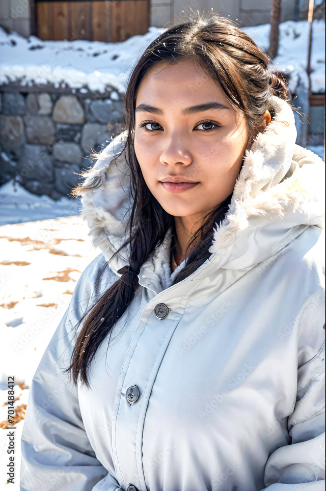 Outdoors portrait of a pretty young woman of the community of the Inuit ...