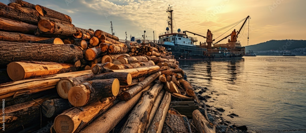 Timber export or import loading on cargo ship in Wicklow commercial ...