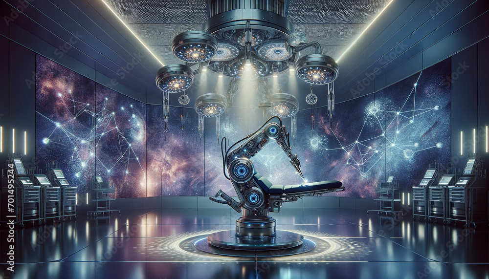 Surreal robotic surgery scene with futuristic technology and cosmic ...