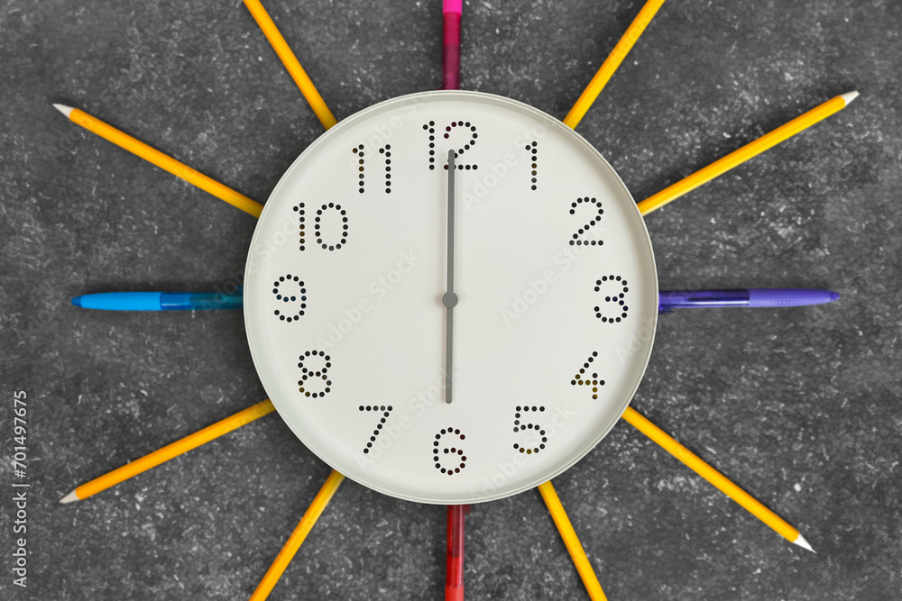 6 o'clock. Study or business time. Clock with white clock face on dark ...