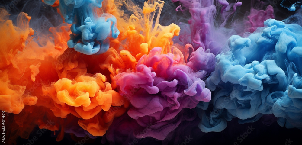 Foto de Dynamic explosions of vermilion and sapphire smoke colliding ...