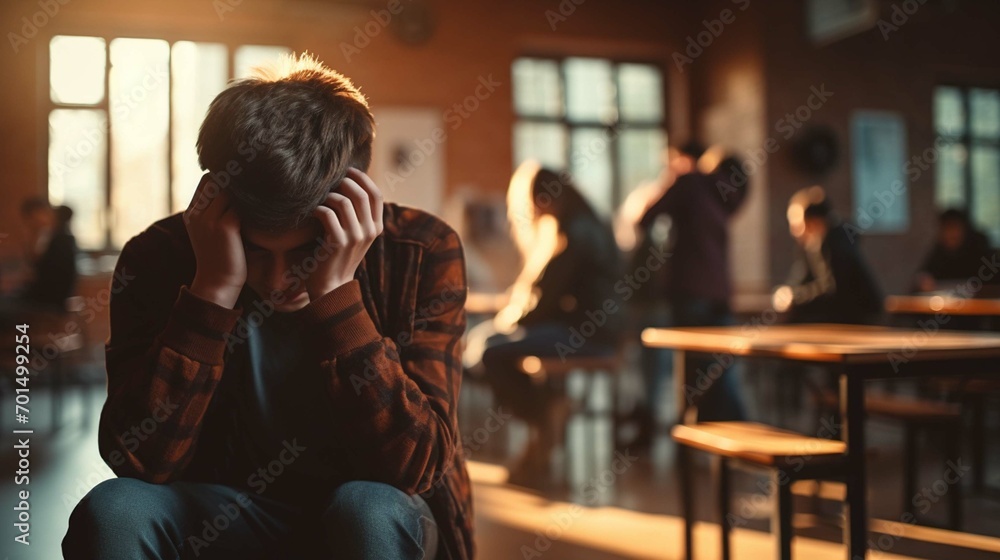 Bullying at high school concept. Upset bullied teen boy suffering ...