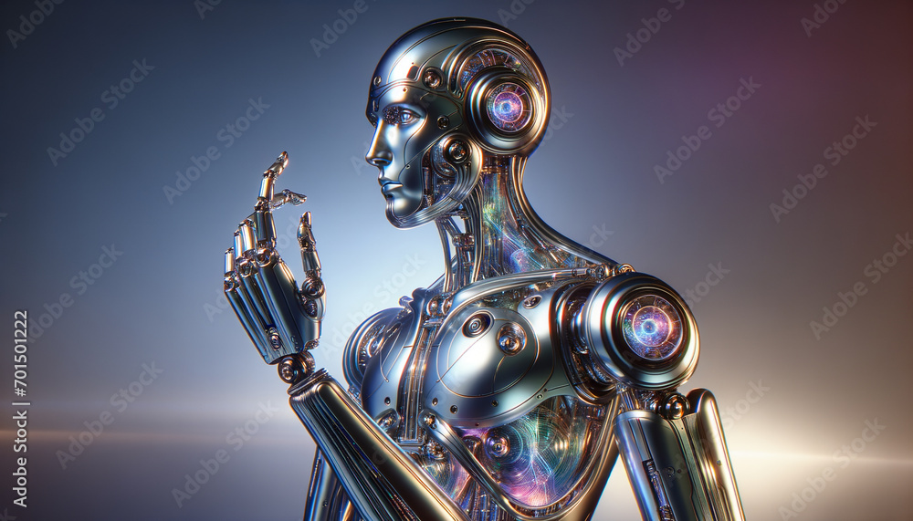 Futuristic humanoid robot with chrome and titanium textures, inspired ...