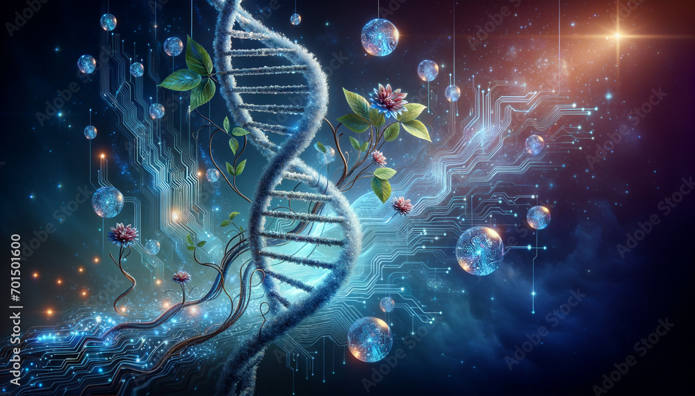 Surreal Biotechnology: Glowing DNA helix intertwined with digital vine ...