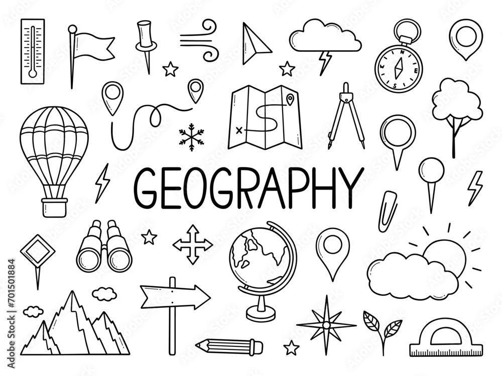 Geography doodle set. Education and study concept. map, globe, compass ...