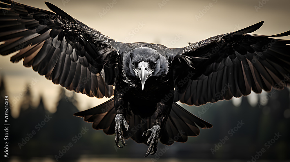 raven captured in midflight in a forest, in the style of wildlife ...