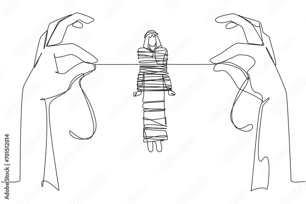 Continuous one line drawing Arab businessman standing and tied by rope ...