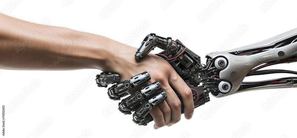 Handshake between human and AI robot. Photographic illustration of a man's hand and an ...
