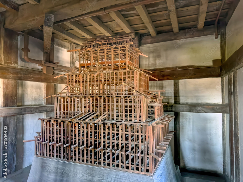 Himeji, Hyogo, Japan. Dec 24, 2023. A scale model of the interior wood ...