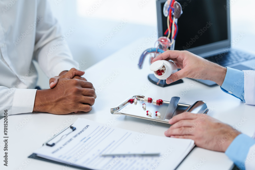 Doctor hands holding sectional model of prostate gland while male ...