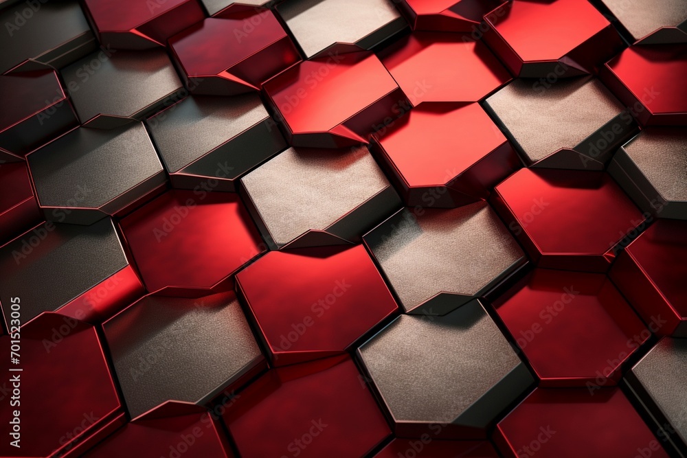 An arrangement of 3D geometric tessellations in hues of crimson and ...