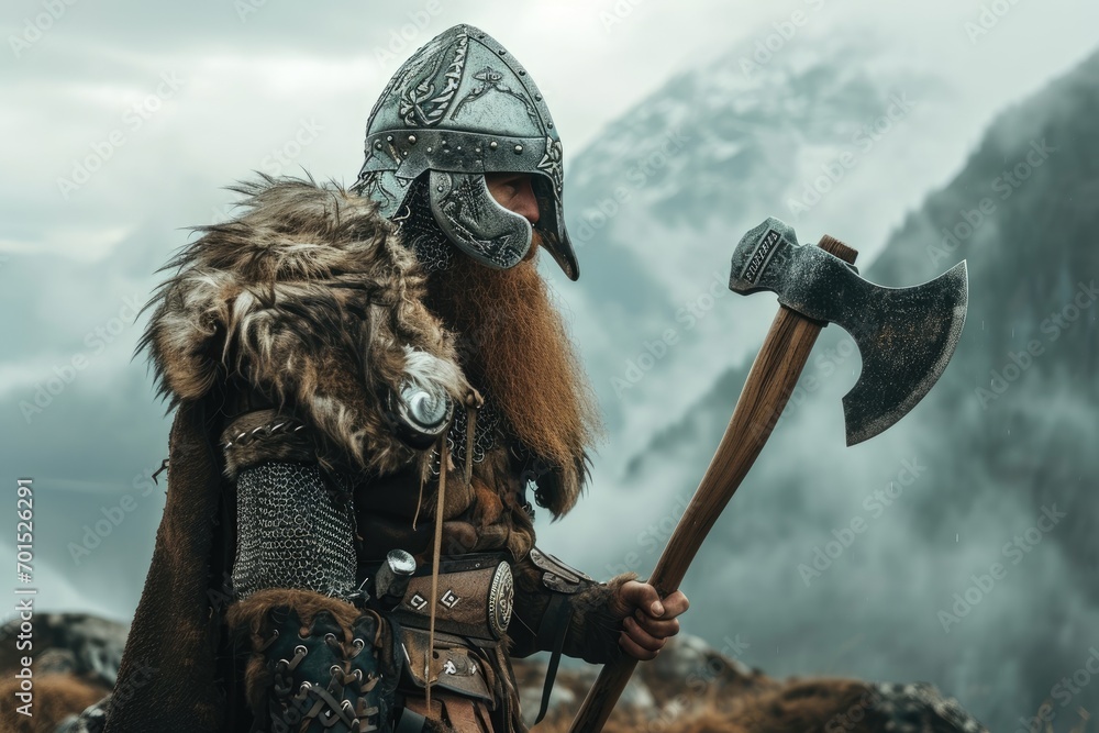 Nordic Fury: A Fierce Viking Warrior in Battle Gear, Wielding a Mighty ...