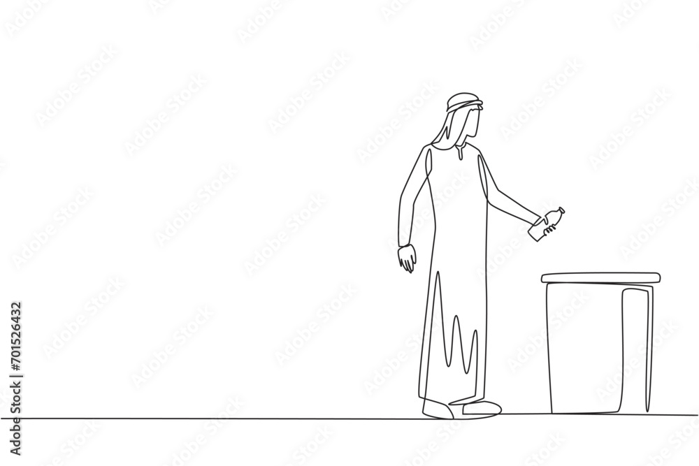 Continuous one line drawing Arabian man throw used plastic bottles into ...