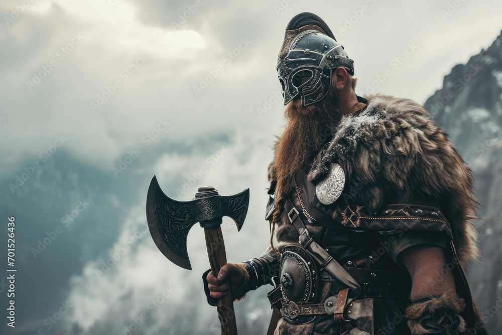 Nordic Fury: A Fierce Viking Warrior in Battle Gear, Wielding a Mighty Axe, Stands in a Battle ...