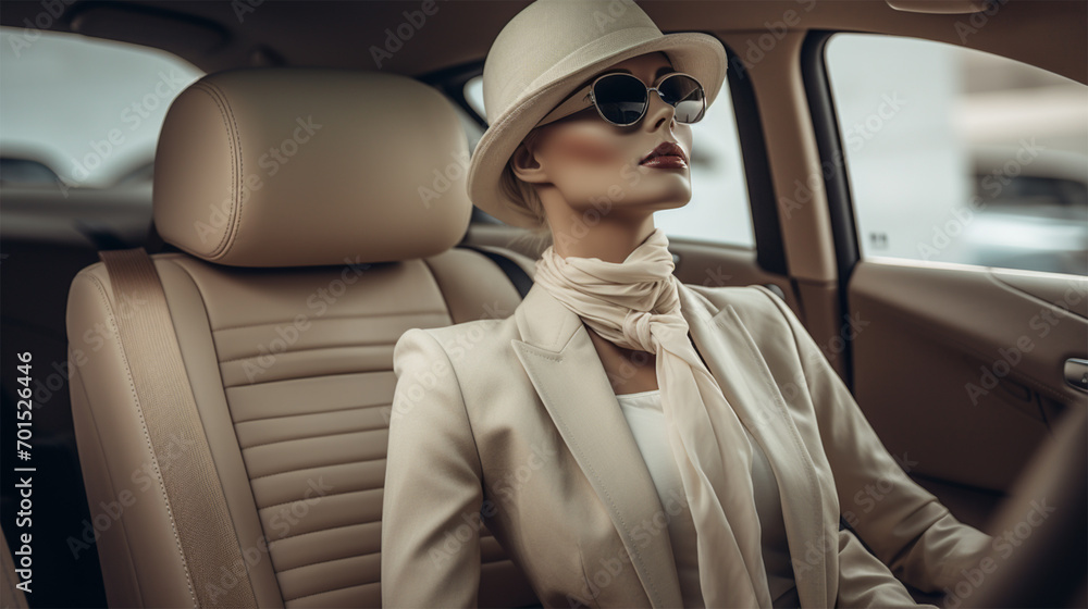 female mannequin in glasses and a stylish suit and hat sits behind the ...