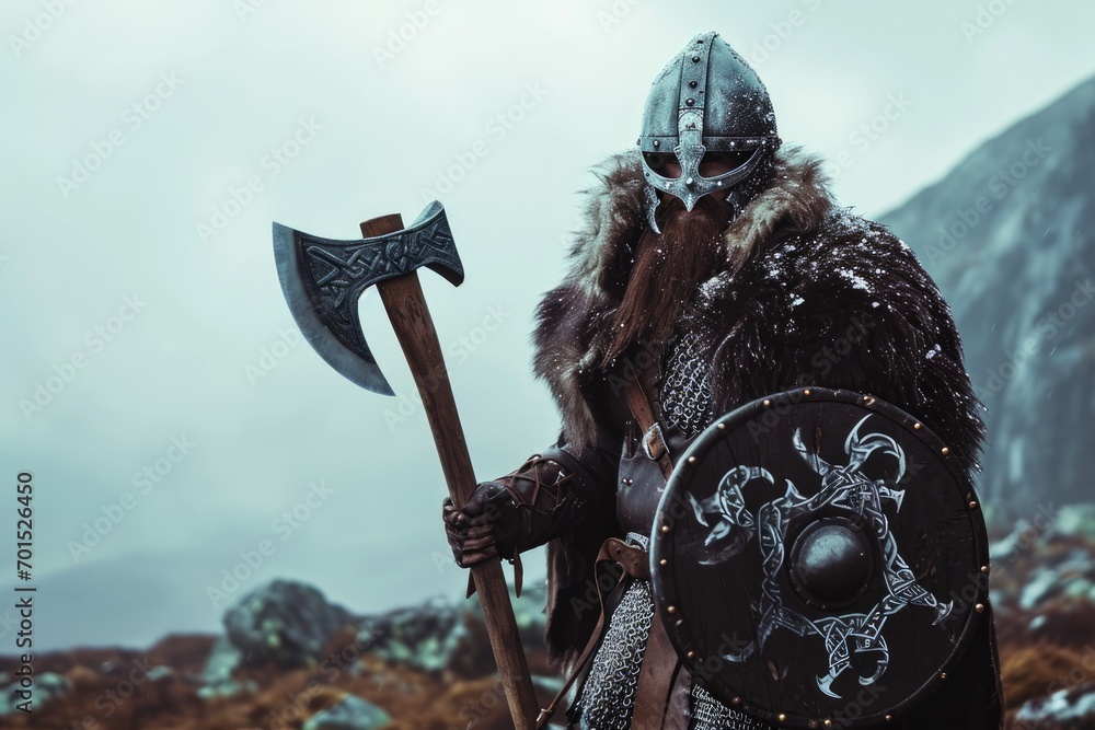 Nordic Fury: A Fierce Viking Warrior in Battle Gear, Wielding a Mighty ...