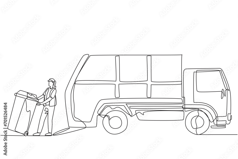Continuous one line drawing trash woman pulling wheeled trash can ...