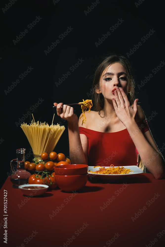 Sexy woman eating Italian pasta spaghetti. Hunger, appetite and recipe ...
