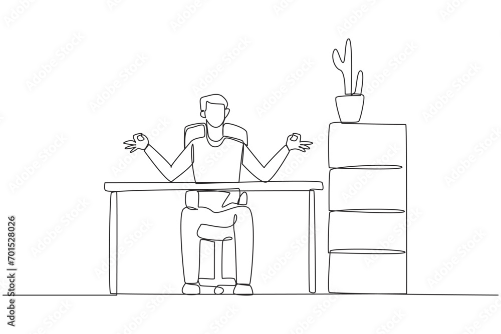Single one line drawing man sitting in a work chair with his fingers ...