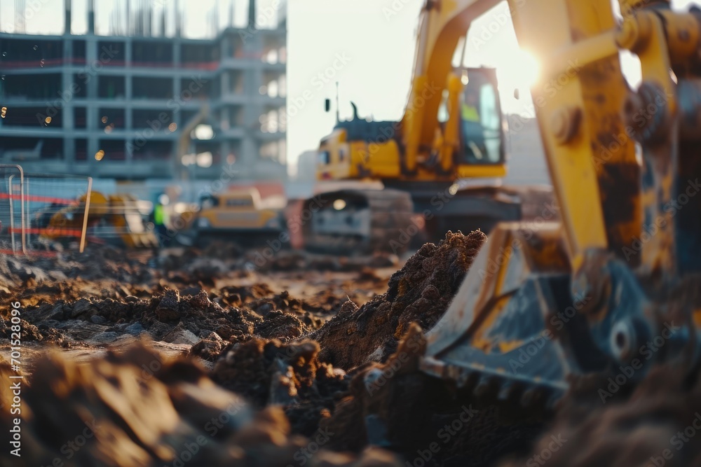 Heavy Machinery: Construction Workers Operating Excavators at a ...