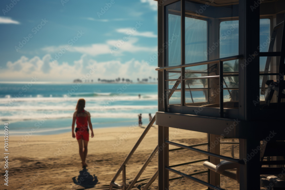 A lifeguard scanning the horizon from a watchtower, ready to respond to ...