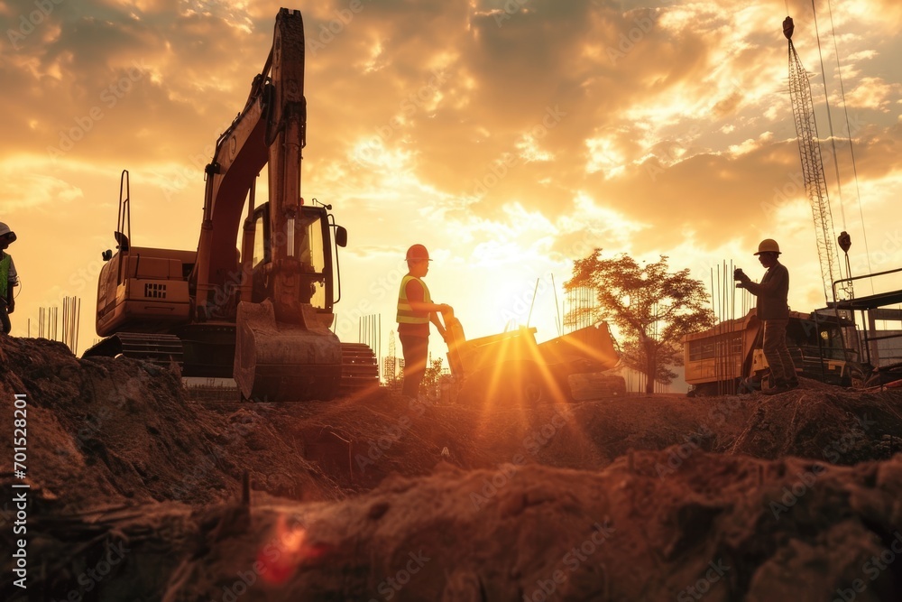 Heavy Machinery: Construction Workers Operating Excavators at a ...