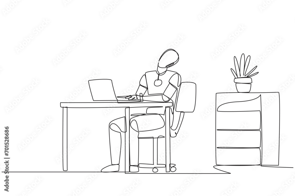 Single continuous line drawing robot sitting in work chair typing on a ...