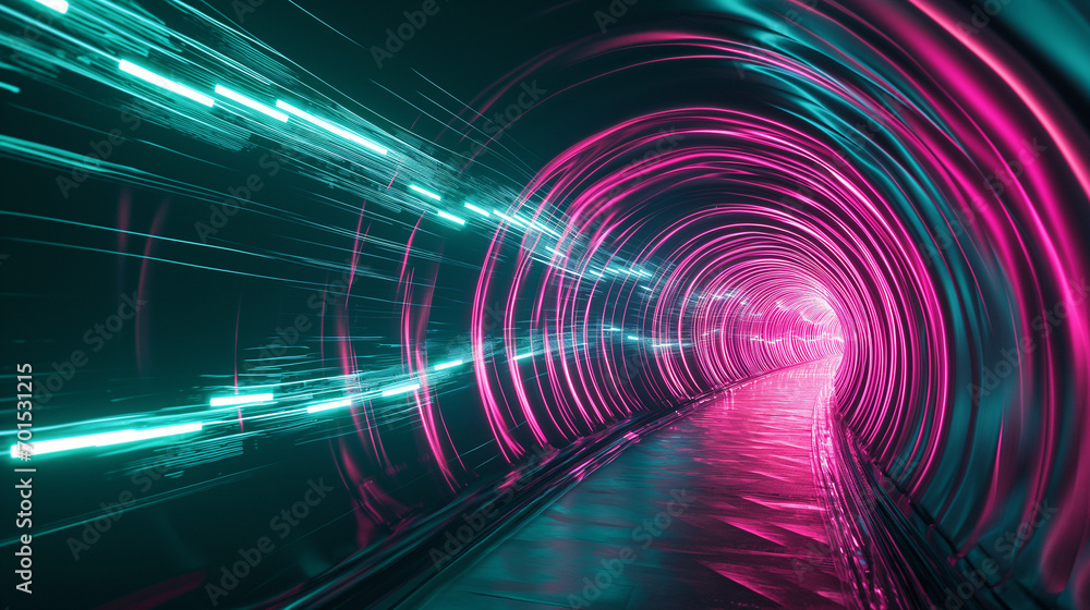 Curved tunnel with led and blue glowing lights on ceiling and ...