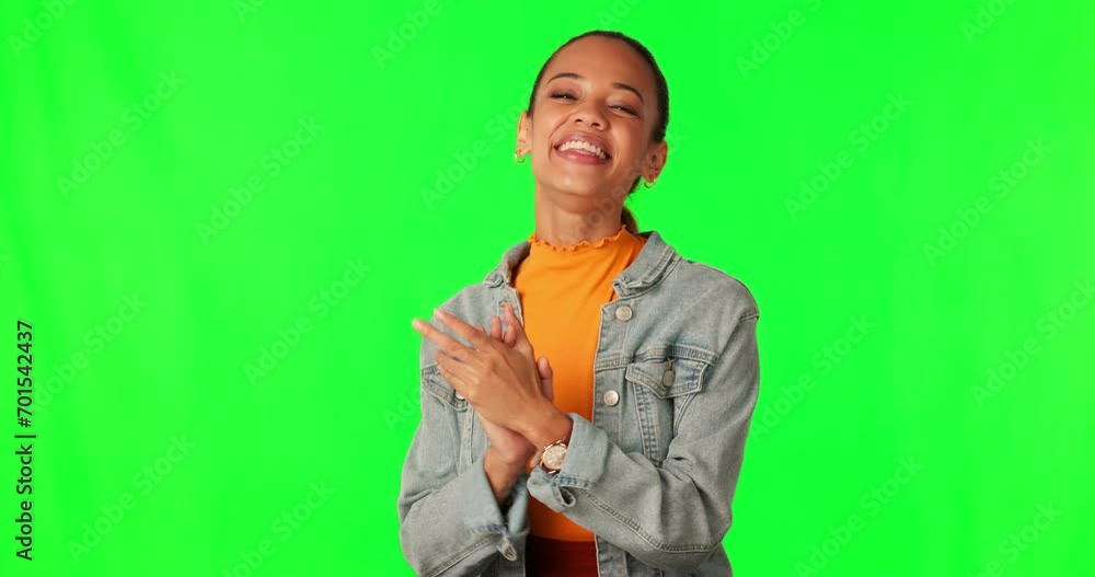 Excited, winner and woman clapping on green screen to celebrate success ...