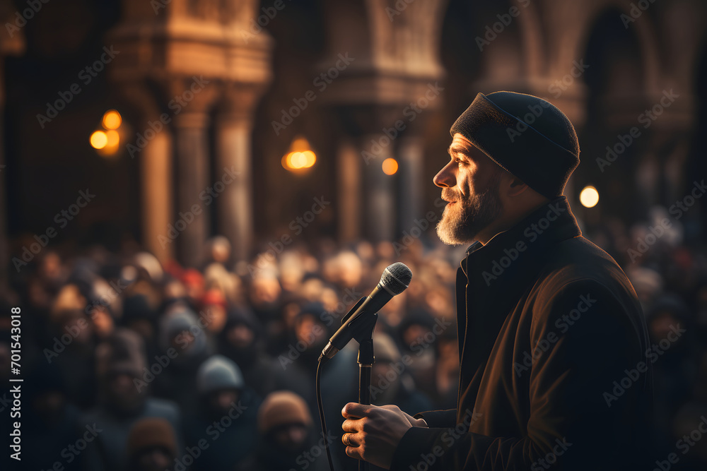 Islamic Imam Conducts a Sermon at the Mosque. Muslim Imam Preaching to ...