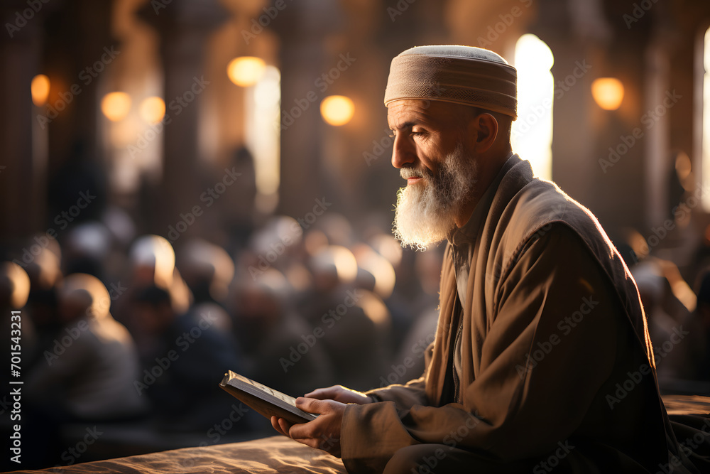 Islamic Imam Conducts a Sermon at the Mosque. Muslim Imam Preaching to ...