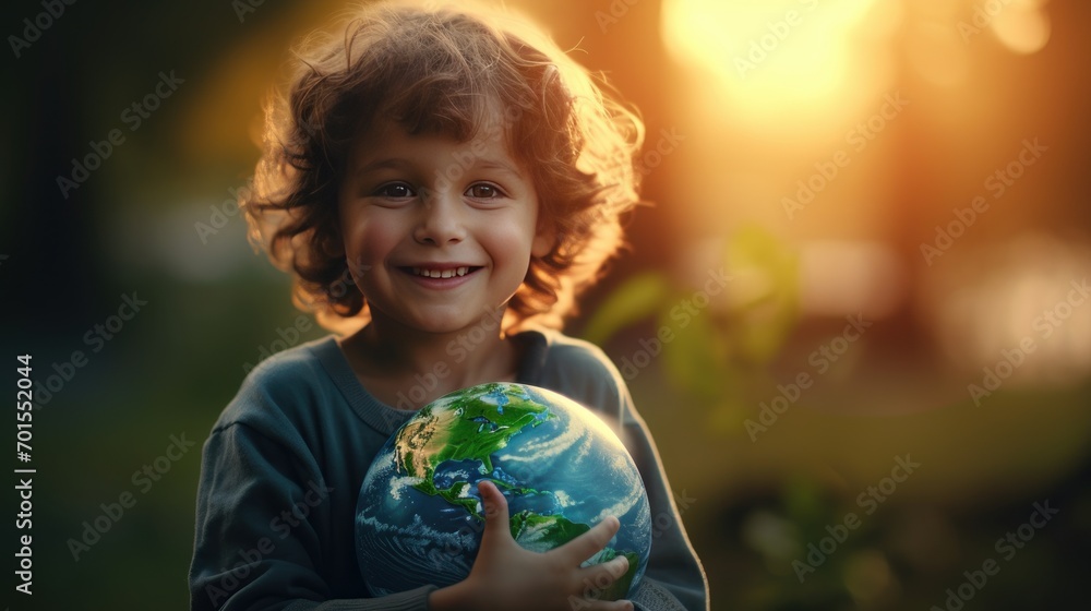 Happy Kid Hugging Planet Earth. Boy Embracing Globe Earth for World ...