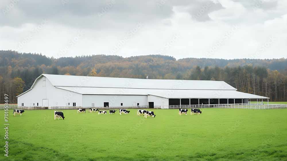 Farm building with cows in the village. aerial view. Cowshed near ...